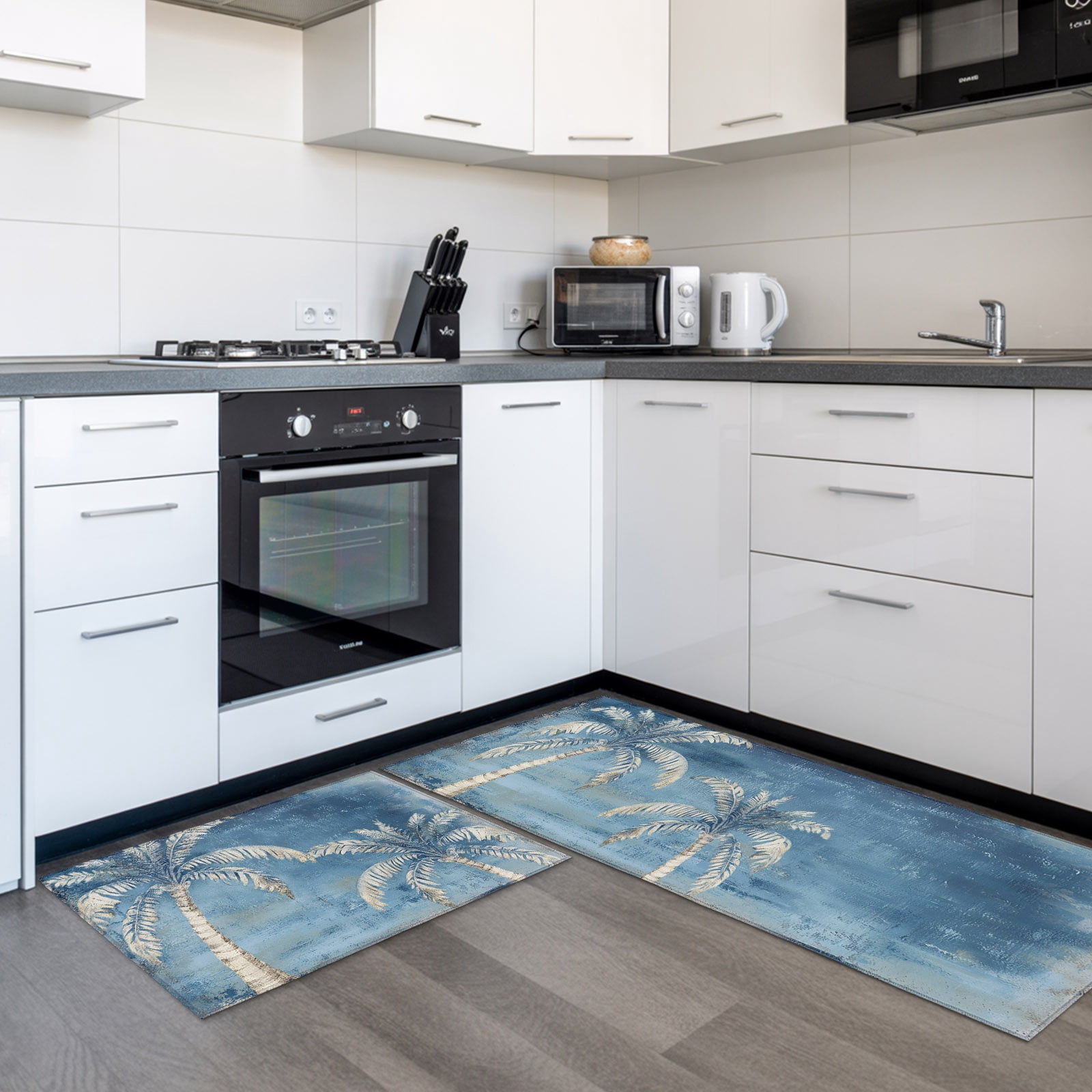 Blue Palm Tree 2 Pieces Non-Slip Kitchen Mat Set, Tropical Plant Summer ...