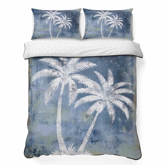 Blue Palm Tree 3 Piece Quilt Bedding Set with 2 Pillow Shams, Summer ...