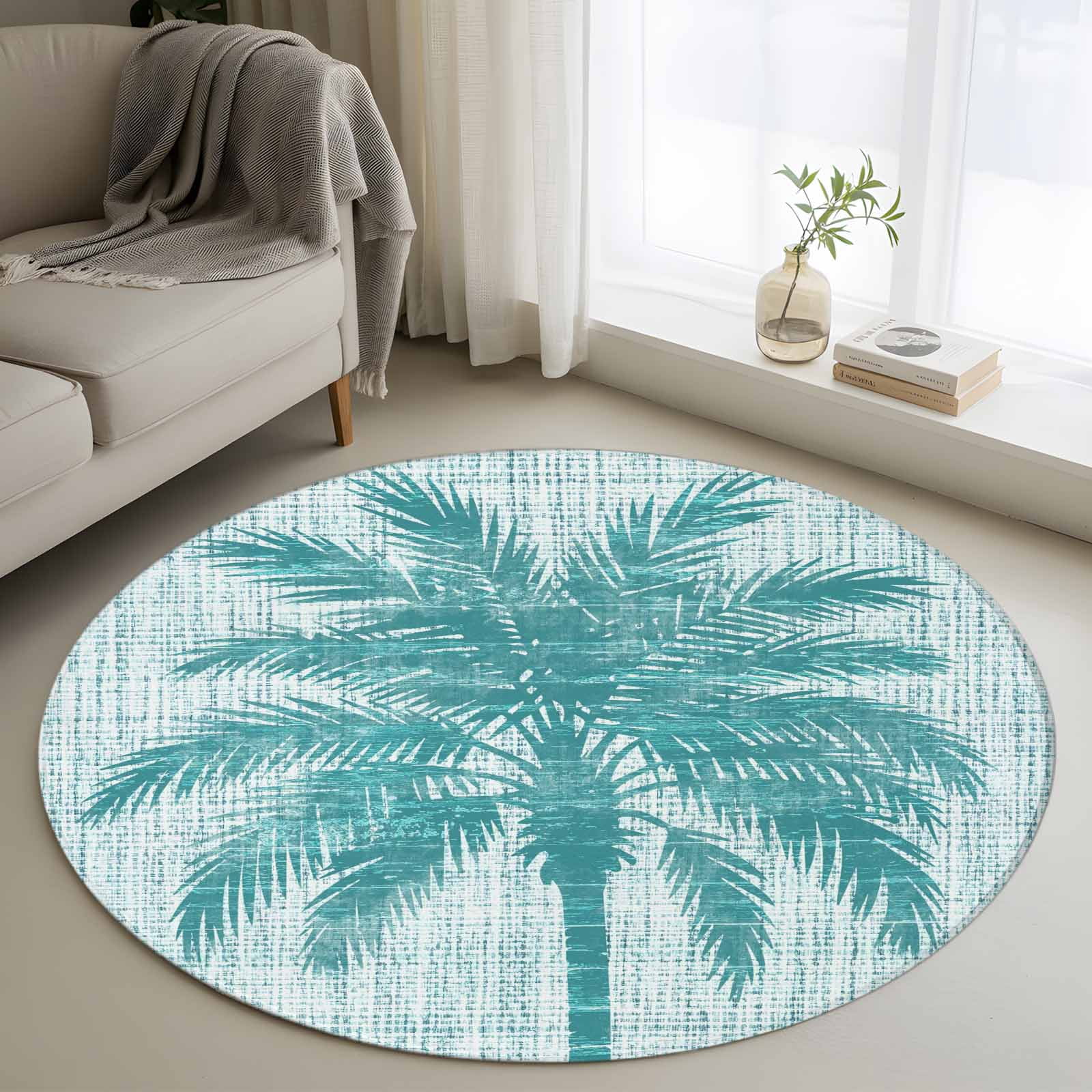 Blue Palm Tree 4FT Round Area Rugs Country Linen Texture Tropical Plant ...