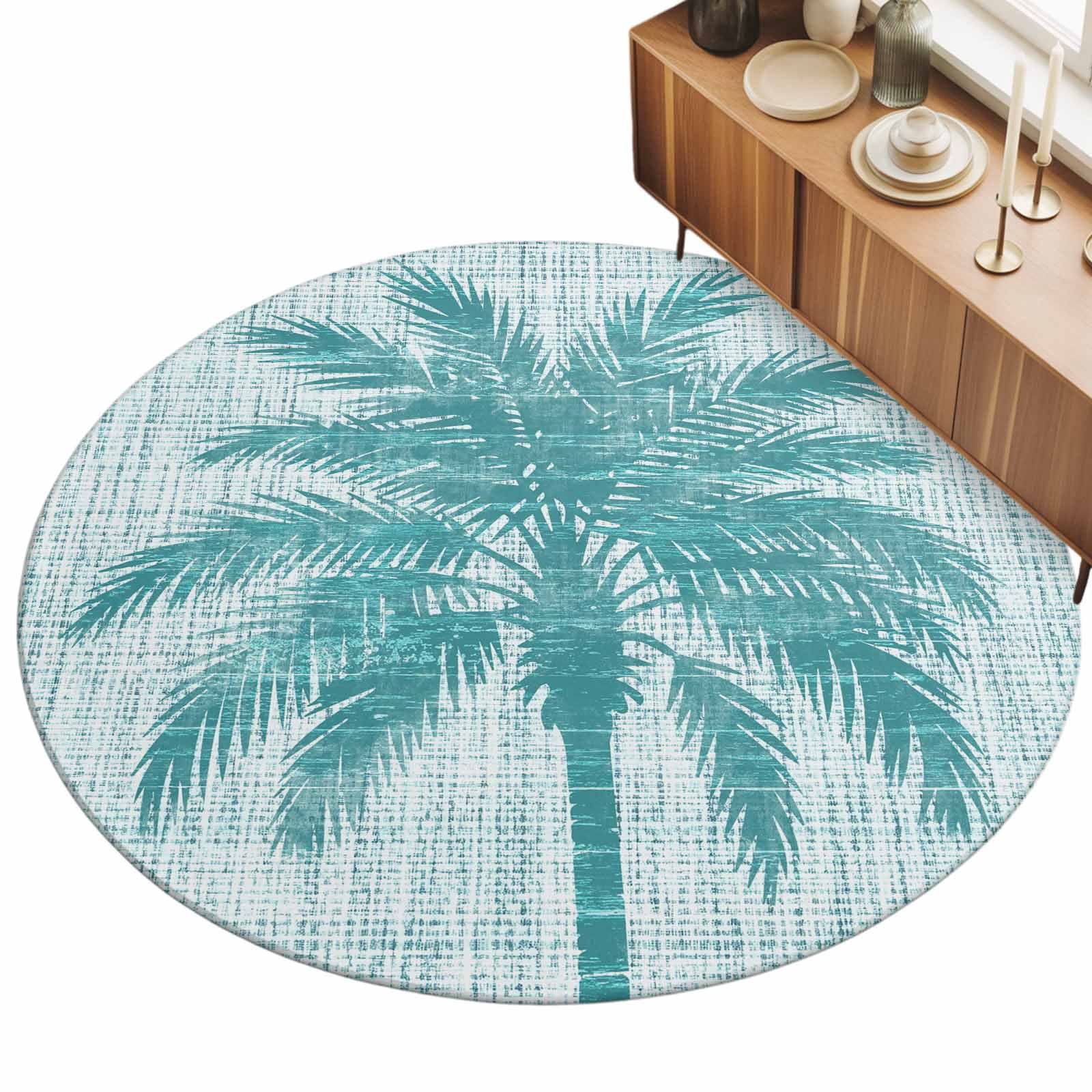 Blue Palm Tree 5ft Non Slip Round Area Rug Country Linen Texture ...