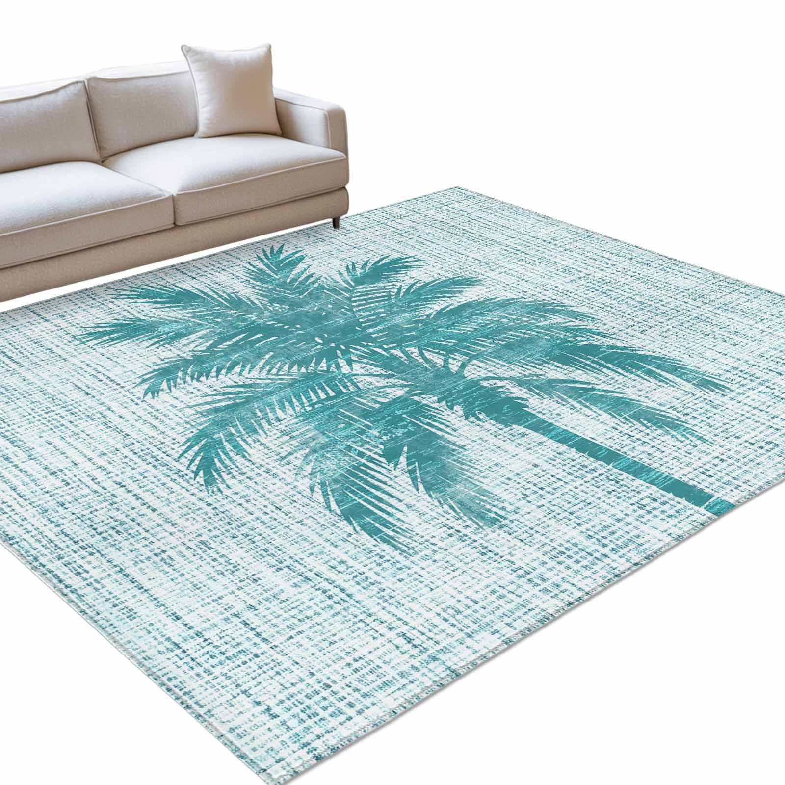 Blue Palm Tree 5x7ft Non Slip Area Rug Country Linen Texture Tropical ...