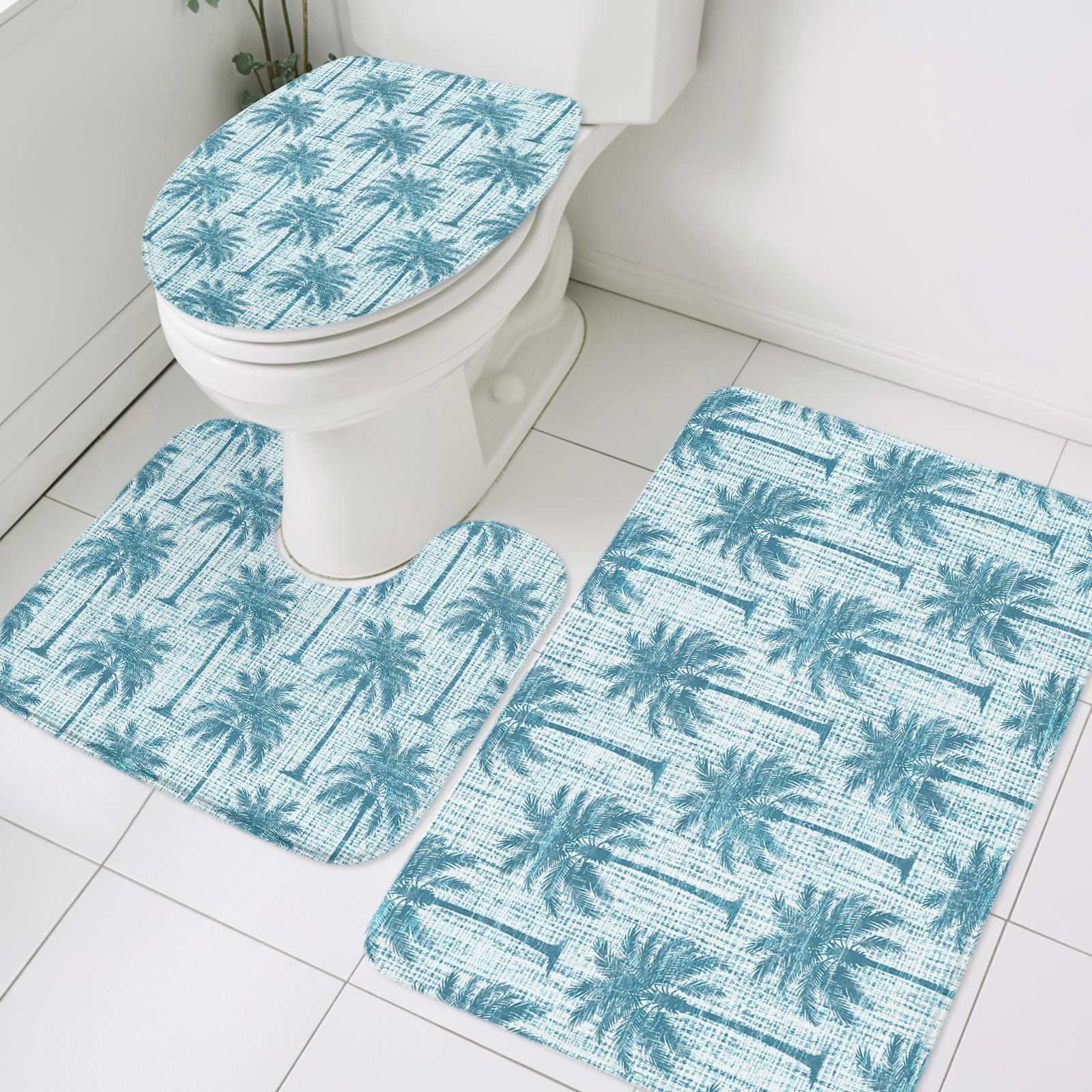 Blue Palm Tree Bathroom Rugs Set Country Linen Texture Tropical Plant ...