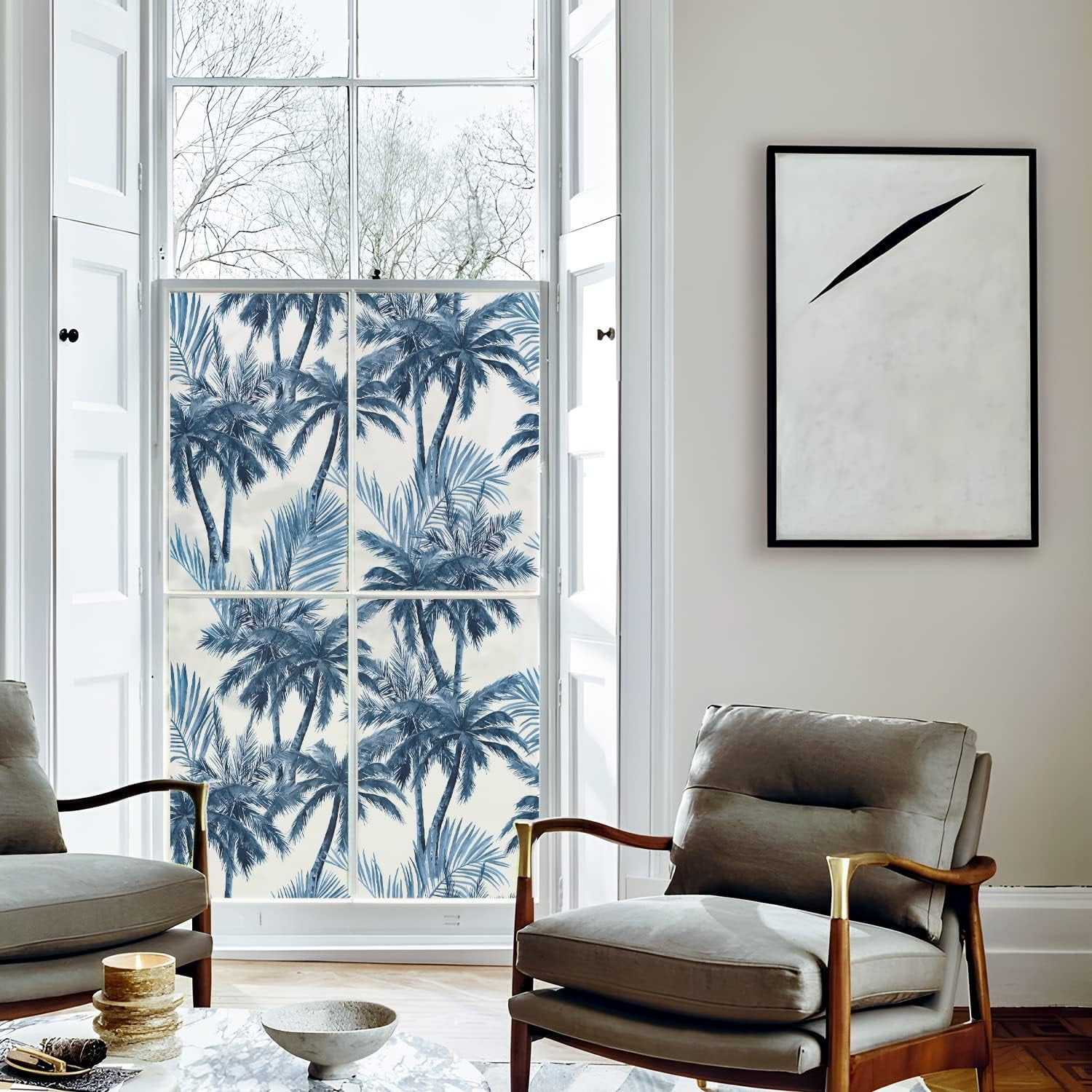 Blue Palm Tree Botanical Leaf Privacy Window Sticker, Removable Static ...
