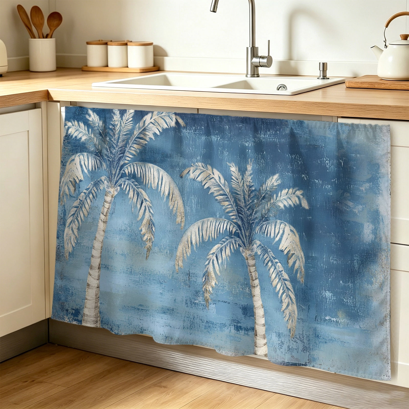 Blue Palm Tree Cabinet Curtain, Tropical Plant Summer Abstract Sink ...