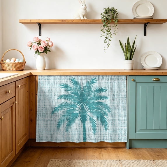 Blue Palm Tree Cabinet Curtains 10" W x 11" L, Country Linen Texture ...