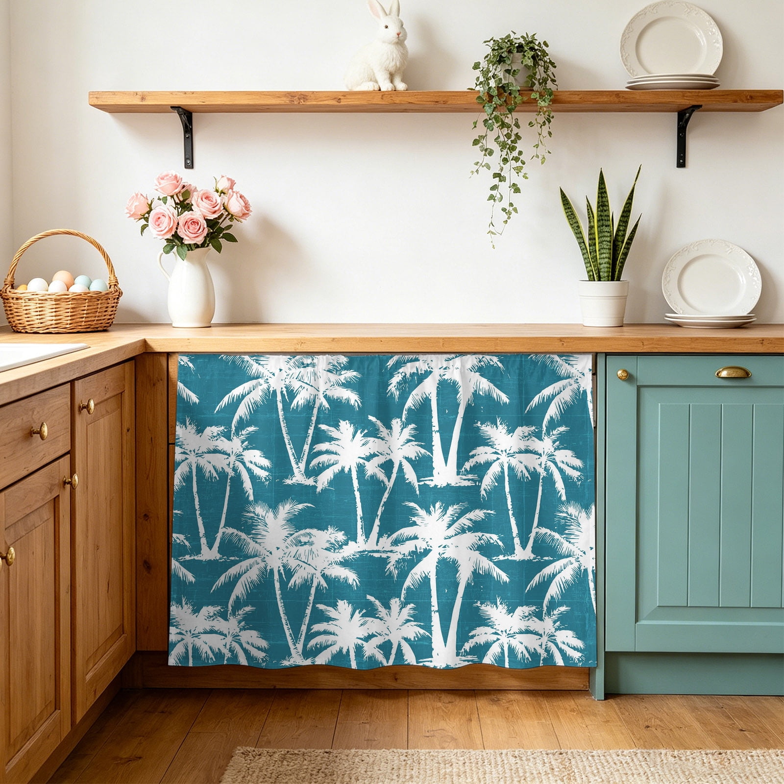 Blue Palm Tree Cabinet Curtains 10" W x 11" L Summer Tropical Country ...