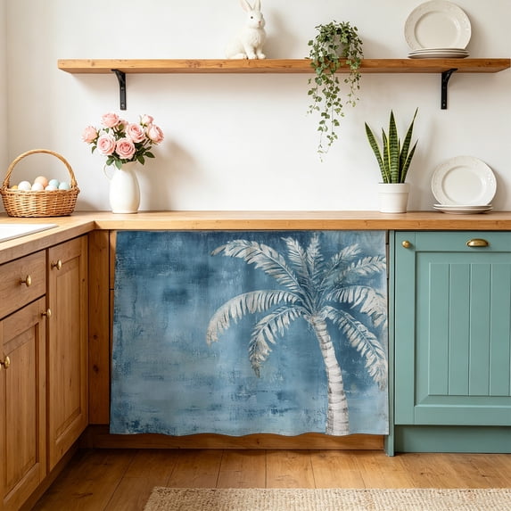 Blue Palm Tree Cabinet Curtains 11" W x 13" L Summer Tropical Plant ...