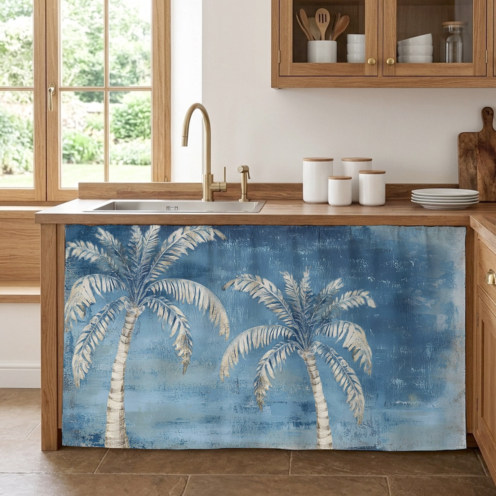 Blue Palm Tree Cabinet Curtains 28" W x 51" L, Tropical Plant Summer ...