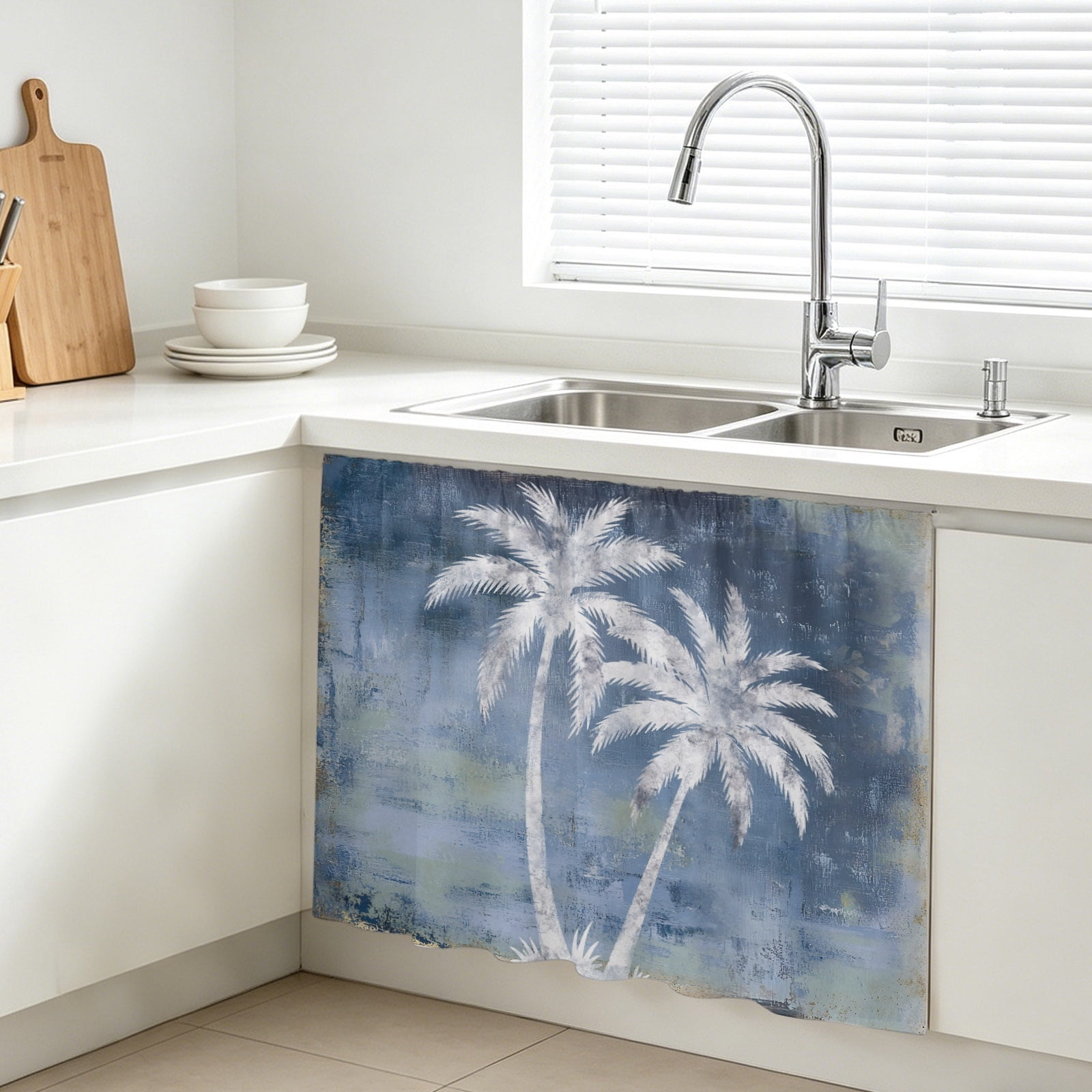 Blue Palm Tree Cabinet Curtains for Kitchen 28"Wx35"L, Summer Tropical ...