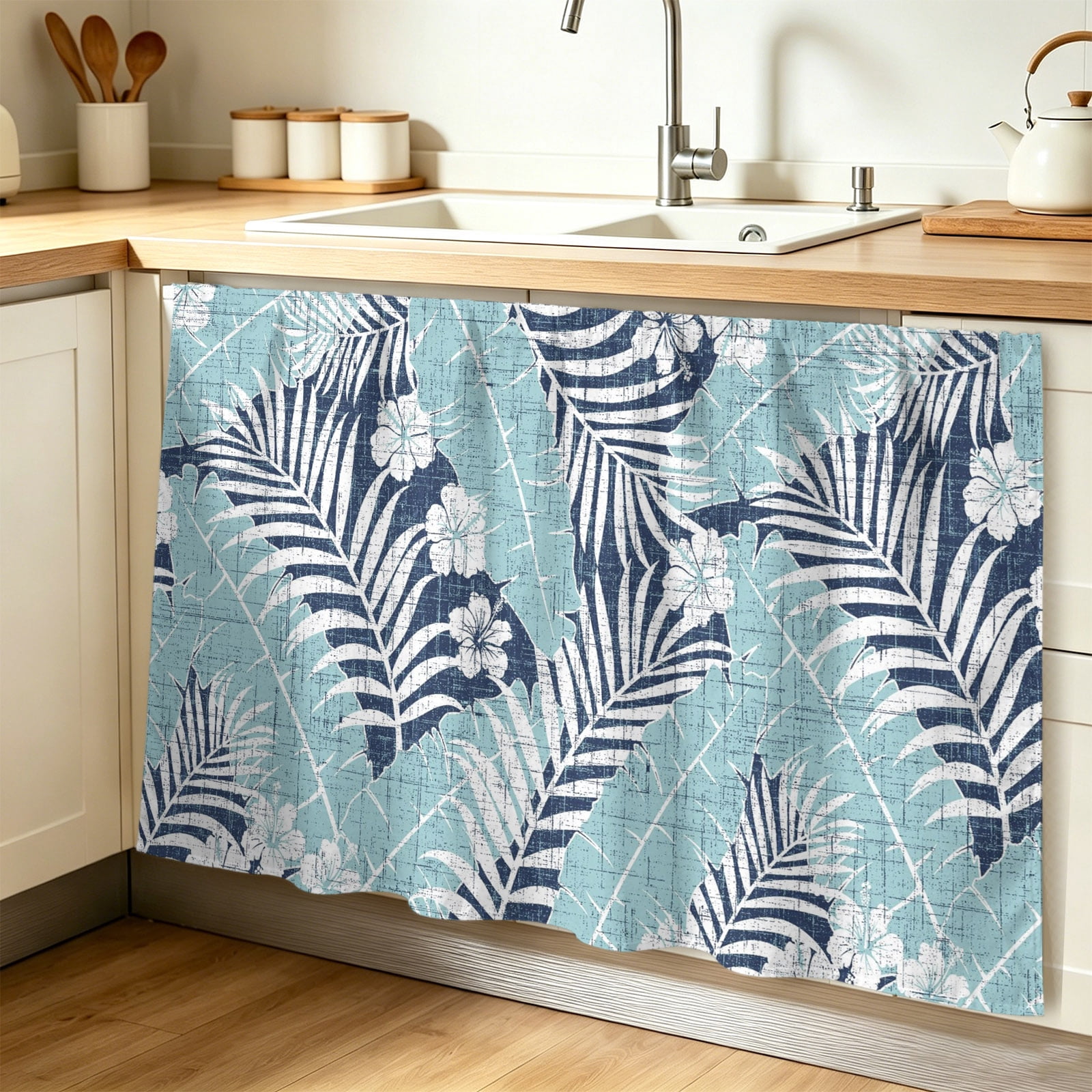 Blue Palm Tree Cabinet Curtains for Shelves, Summer Tropical Plants ...