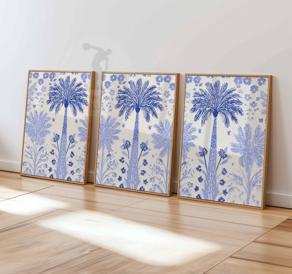 Blue Palm Tree Chinoiserie Coastal Wall Decor Art Set 3 Stretched ...