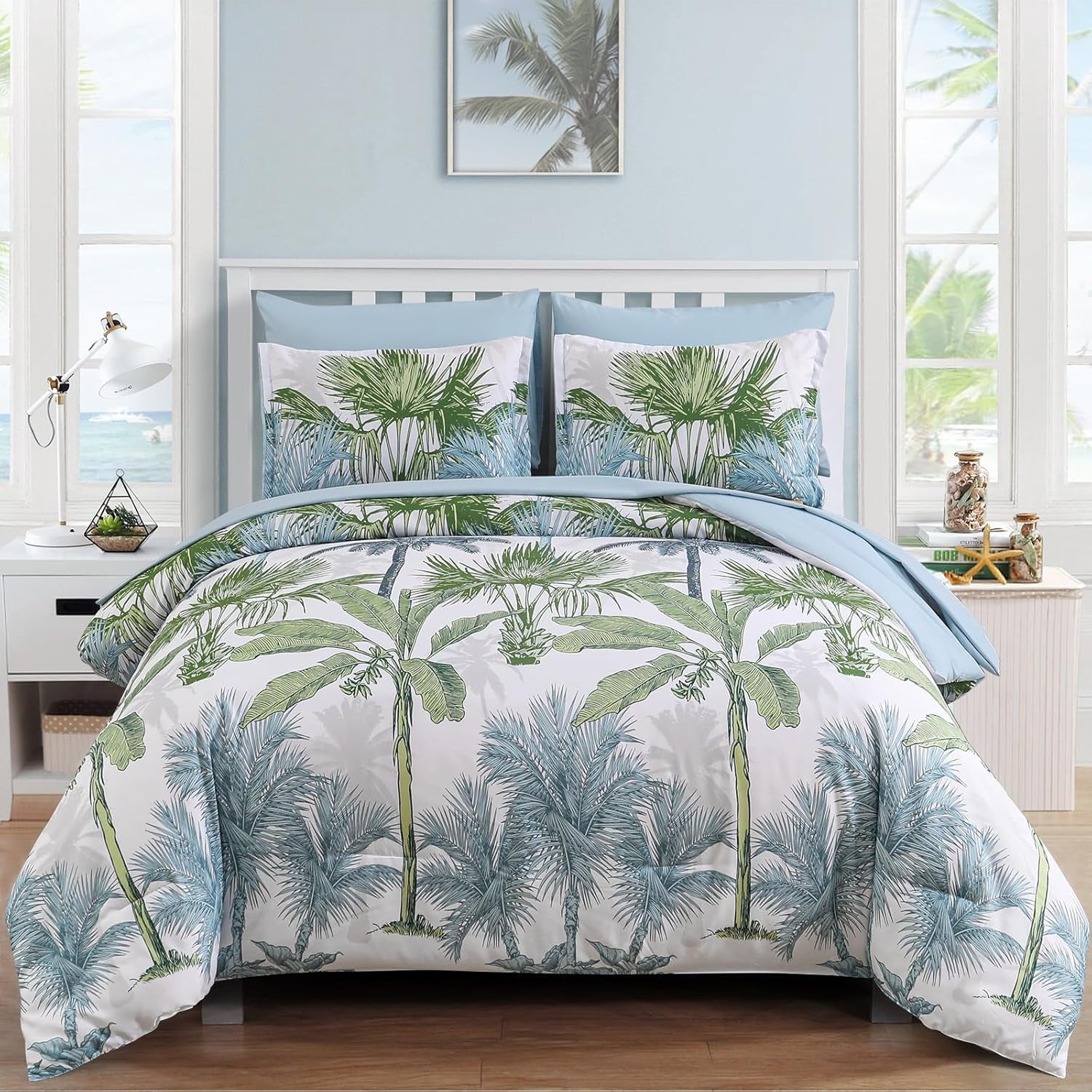 Blue Palm Tree Comforter Set Queen, 7 Piece Botanical Bed in a Bag ...