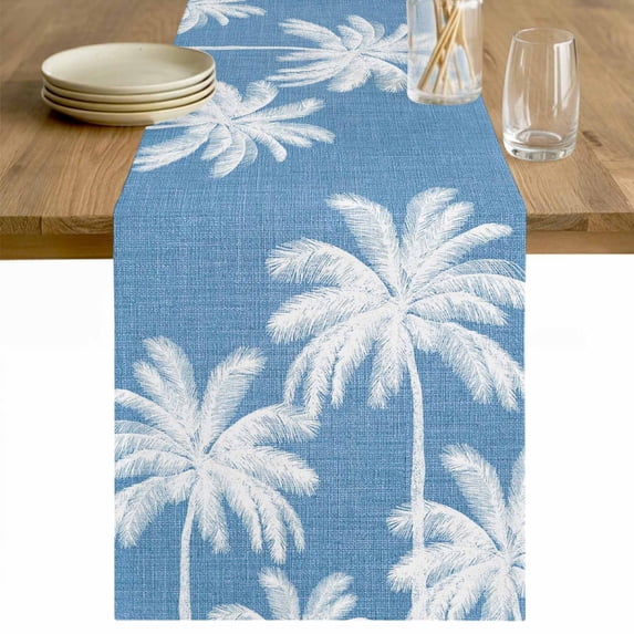 Blue Palm Tree Cotton Linen Rectangle Table Runners 13"x90", Summer ...