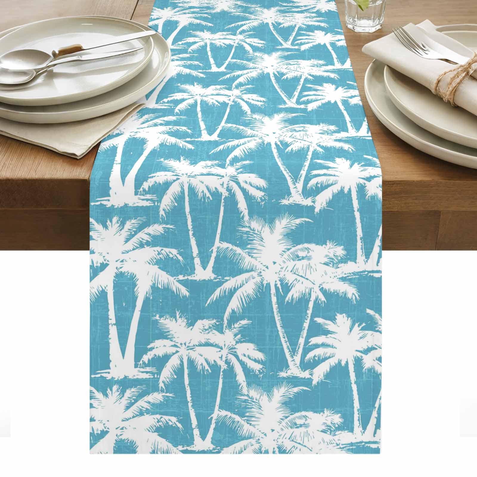 Blue Palm Tree Cotton Linen Table Runner Summer Tropical Country ...