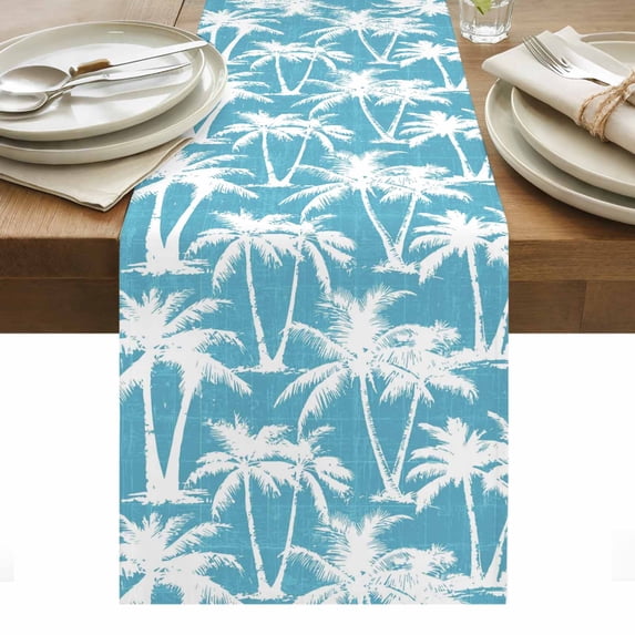 Blue Palm Tree Cotton Linen Table Runner Summer Tropical Country ...