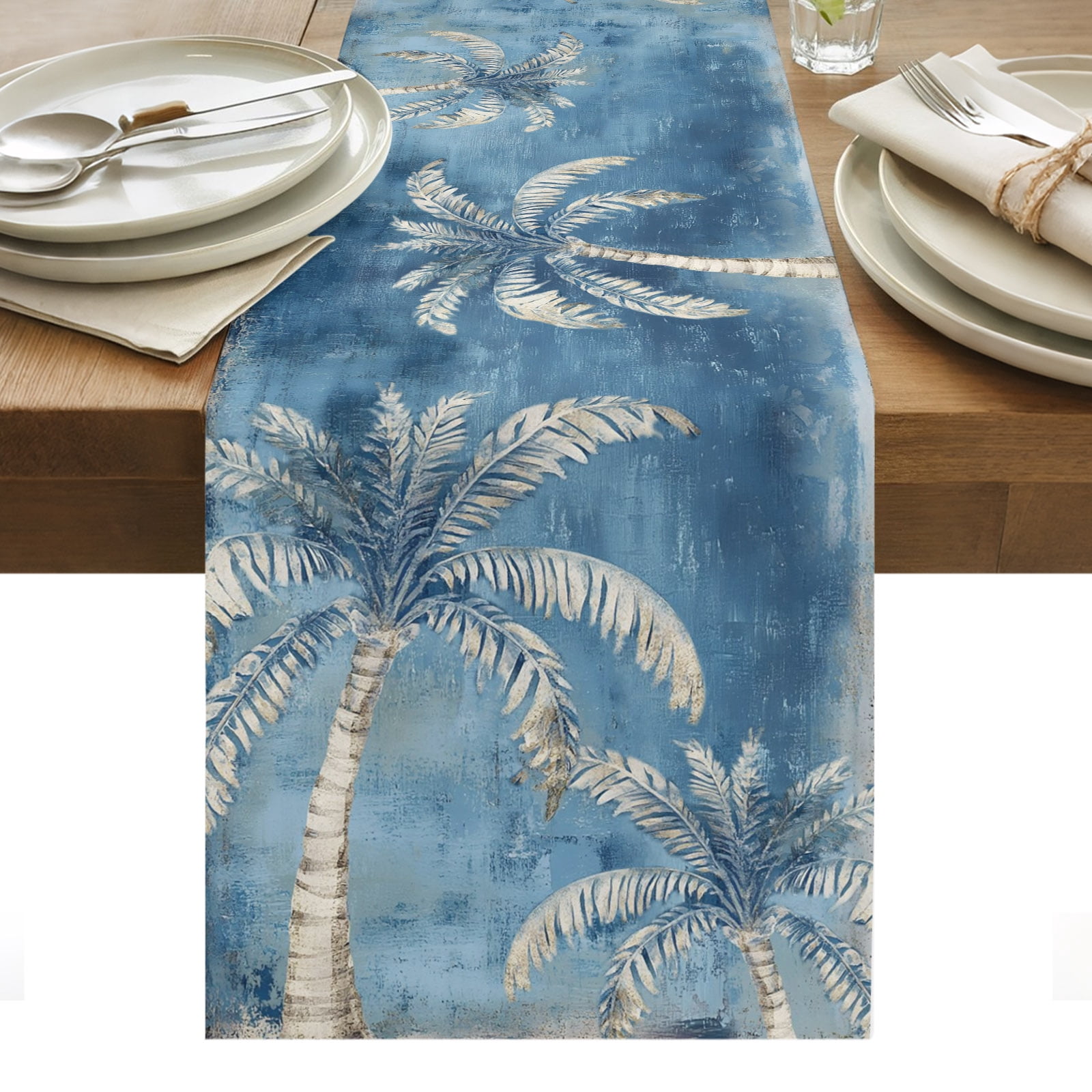 Blue Palm Tree Cotton Linen Table Runner Tropical Plant Summer Abstract ...
