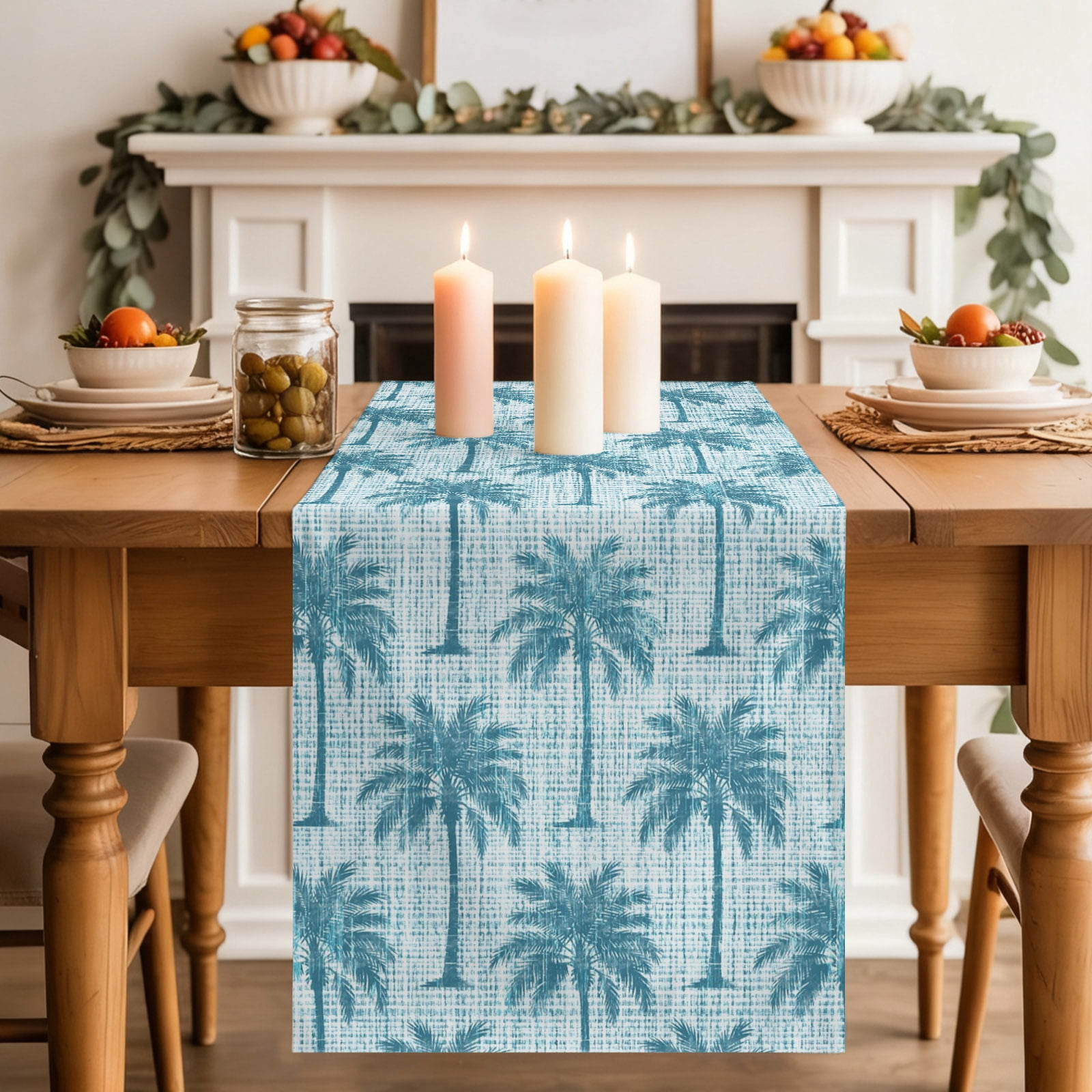Blue Palm Tree Dining Table Runner, Country Linen Texture Tropical ...