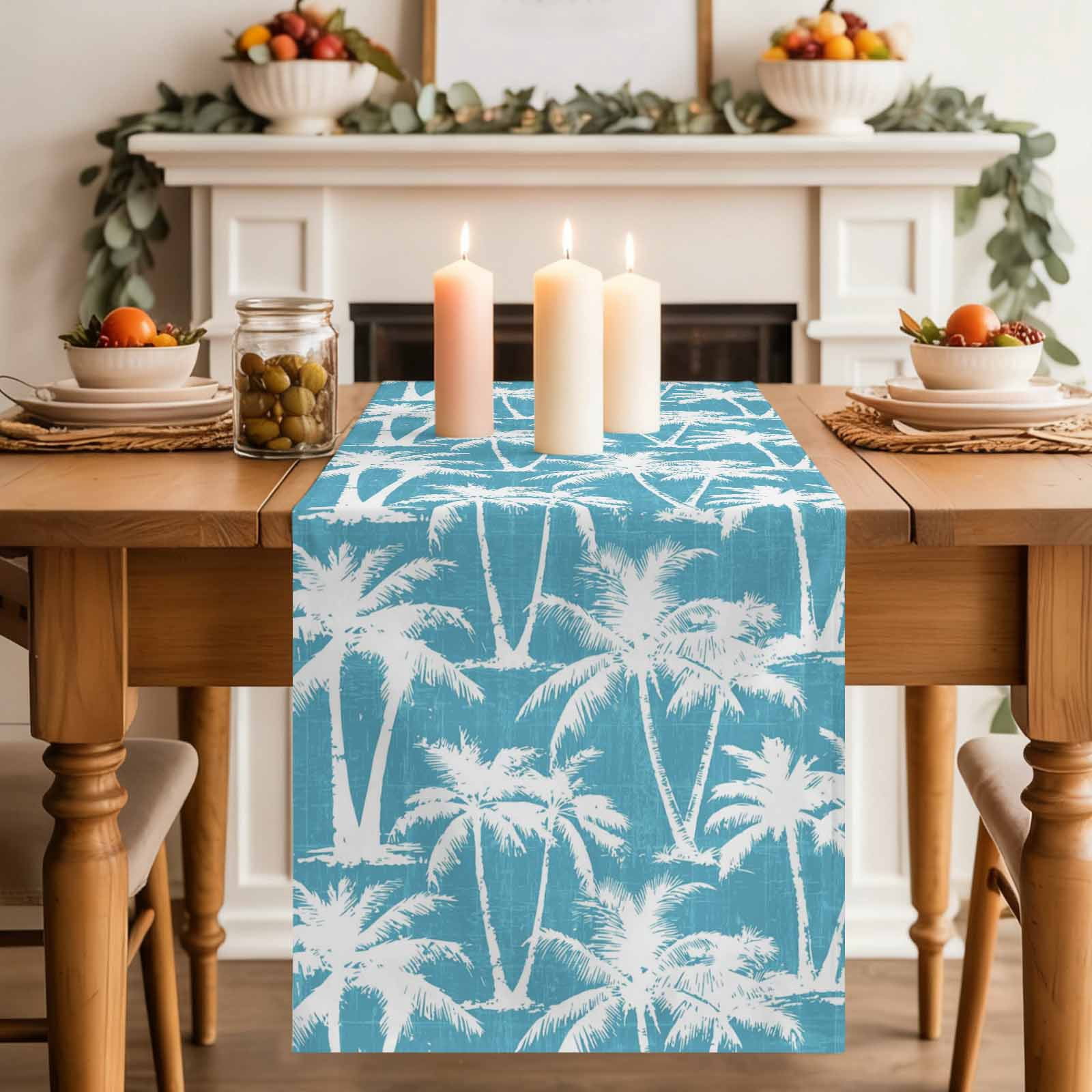 Blue Palm Tree Dining Table Runner, Summer Tropical Country Coastal ...