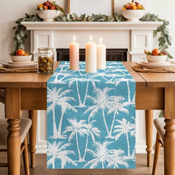 Blue Palm Tree Dining Table Runner, Summer Tropical Country Coastal ...