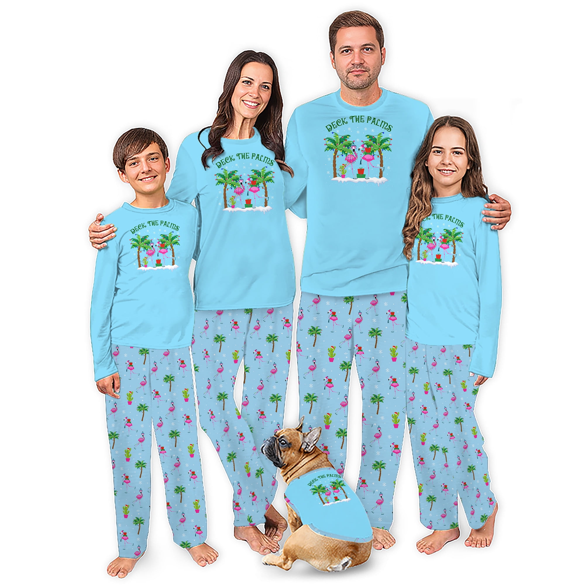 Blue Palm Tree Flamingo Matching Family Pajamas, Family And Dog Pajamas ...