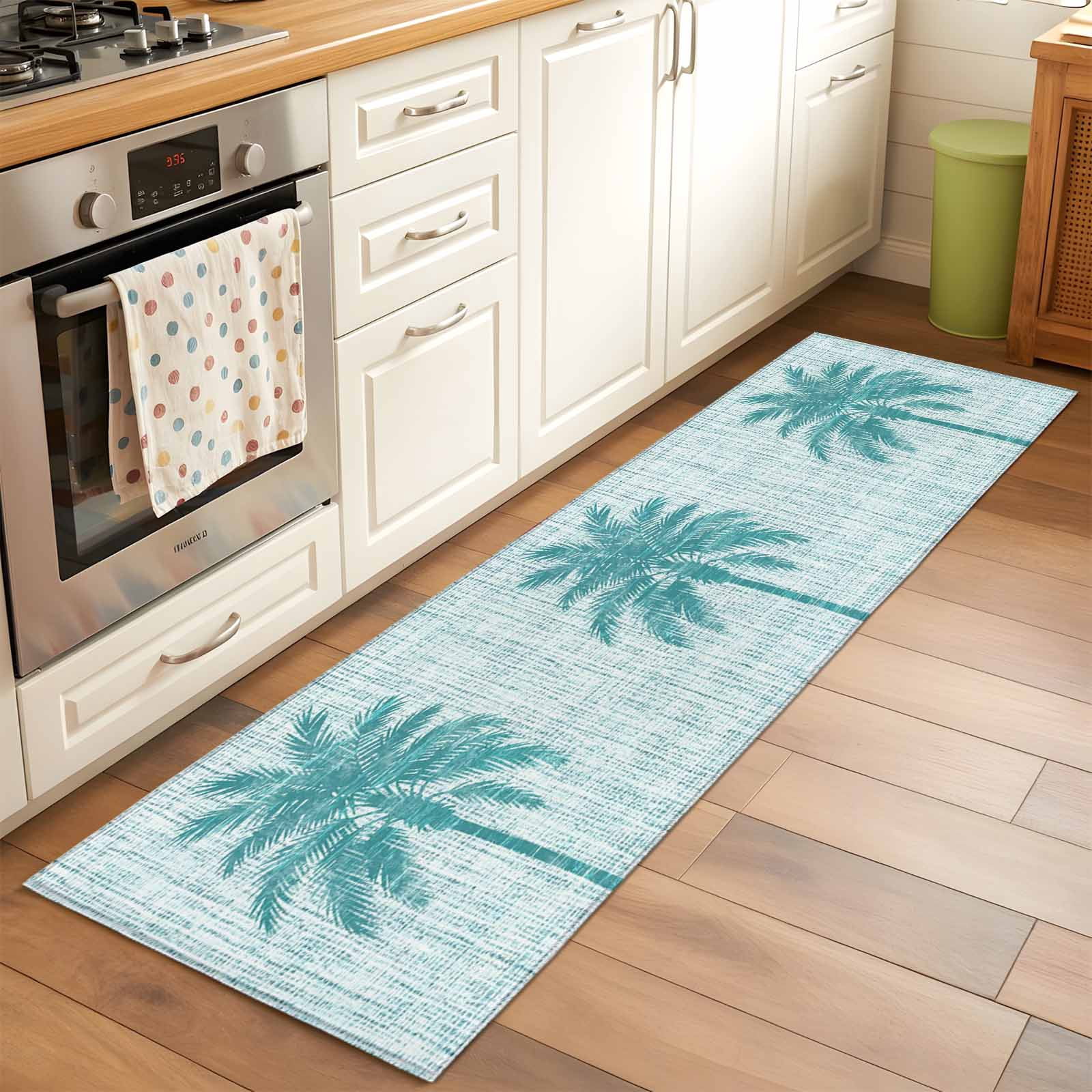 Blue Palm Tree Hallway Washable Runner Rug 2x6 Country Linen Texture ...