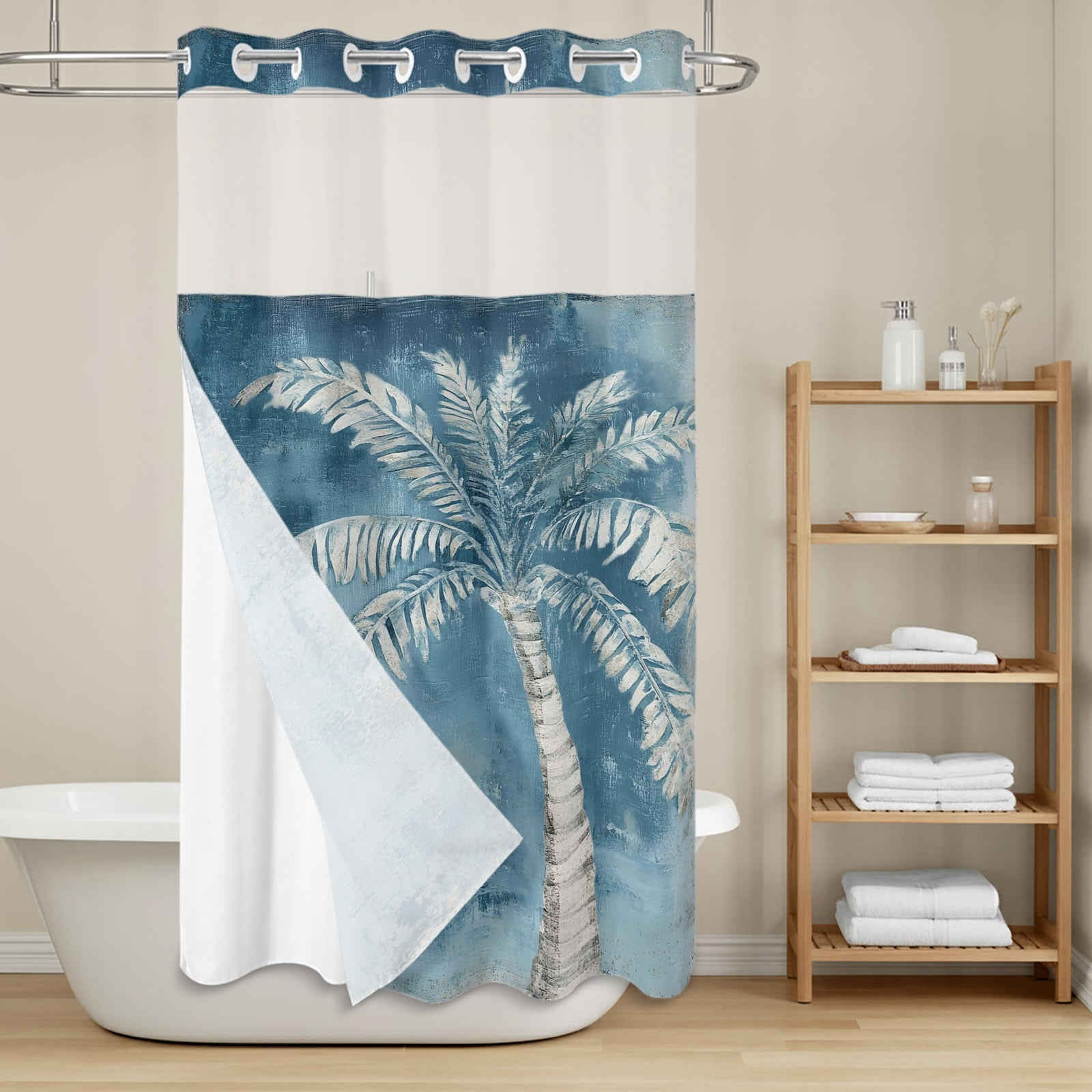 Blue Palm Tree No Hook Shower Curtain with Snap in Liner, Summer ...