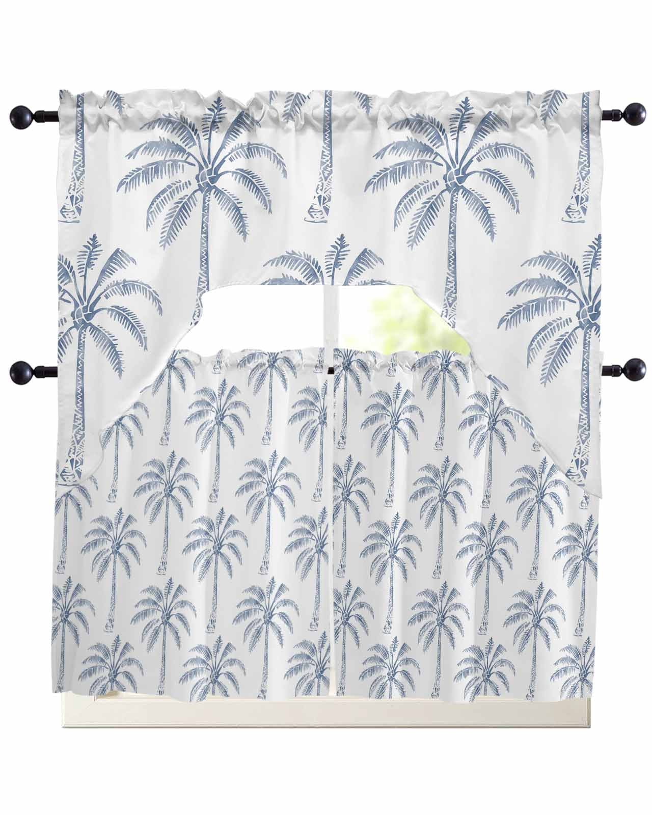 Blue Palm Tree Kitchen Curtains Sets 24 Inch Length with Valance ...