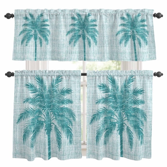 Blue Palm Tree Kitchen Curtains Valances 3 Piece Set, Country Linen ...
