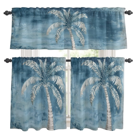 Blue Palm Tree Kitchen Curtains Valances 3 Piece Set, Summer Tropical ...