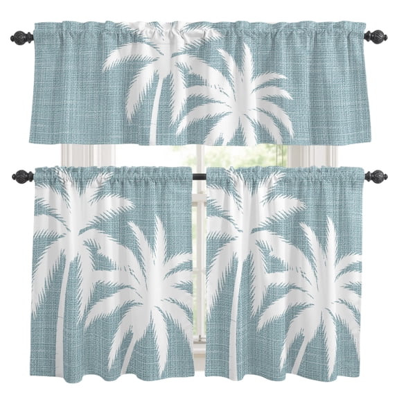 Blue Palm Tree Kitchen Curtains and Valances Set, Summer Tropical Beach ...