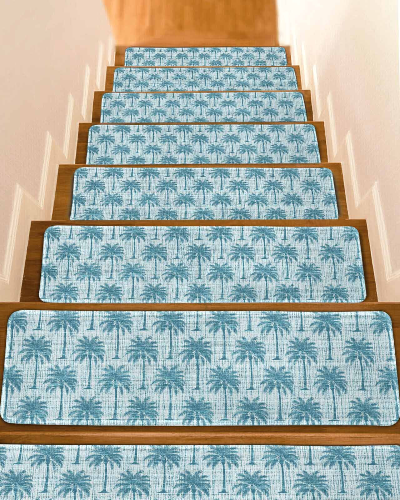 Blue Palm Tree Non-Slip Stair Treads for Wooden Steps Country Linen ...