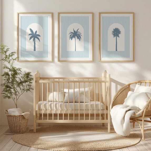 Blue Palm Tree Print Set Nautical Coastal Wall Art Set 3 - Walmart.com