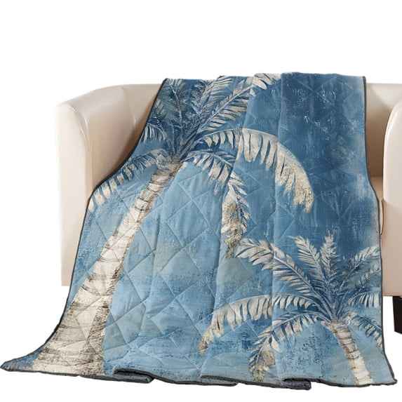 Blue Palm Tree Quilted Comforters Cooling Blanket Queen Size, Tropical ...
