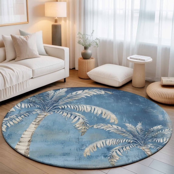 Blue Palm Tree Round Living Room Rugs 7 ft, Tropical Plant Summer ...