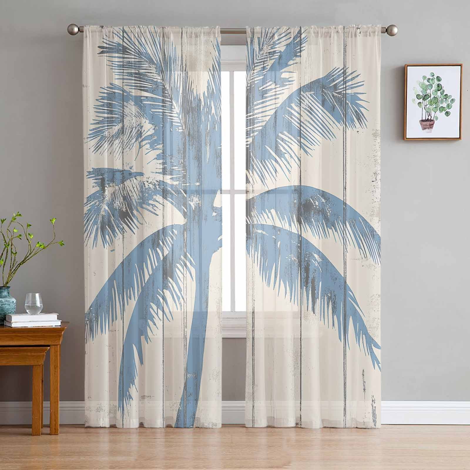 Blue Palm Tree Sheer Curtains 63 Inches Length 2 Panels Set, Window ...
