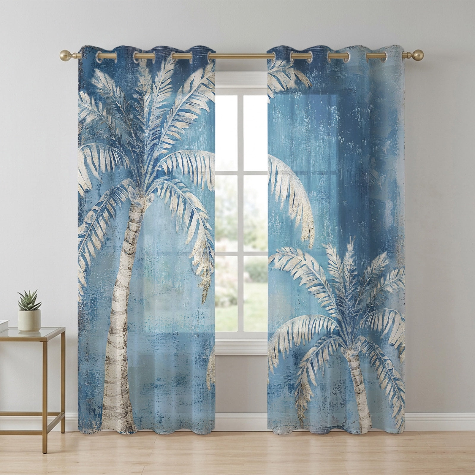 Blue Palm Tree Sheer Curtains 84 Inch Long 2 Panels, Tropical Plant ...