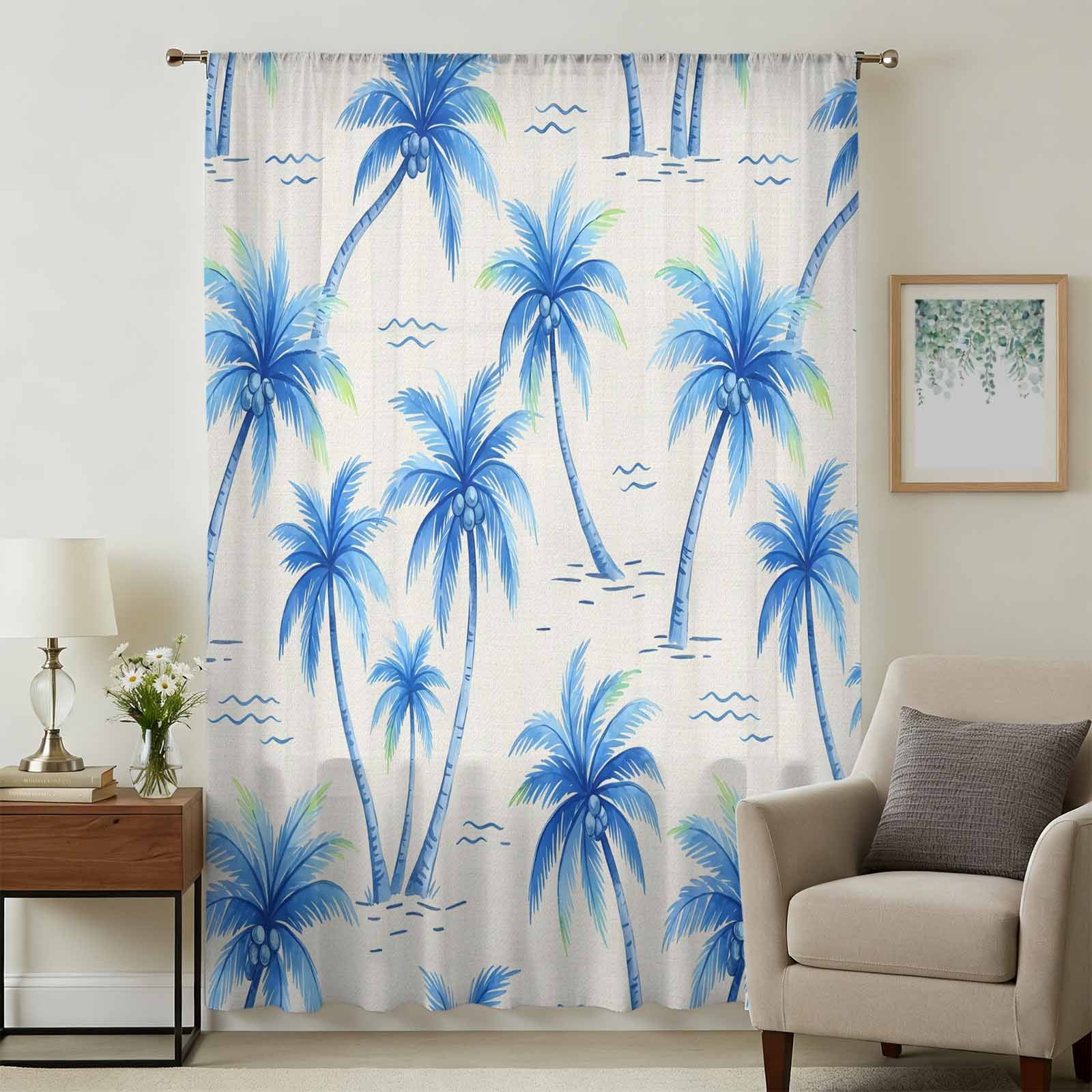 Blue Palm Tree Sheer Curtains 96 Inches Long for Living Room, Summer ...