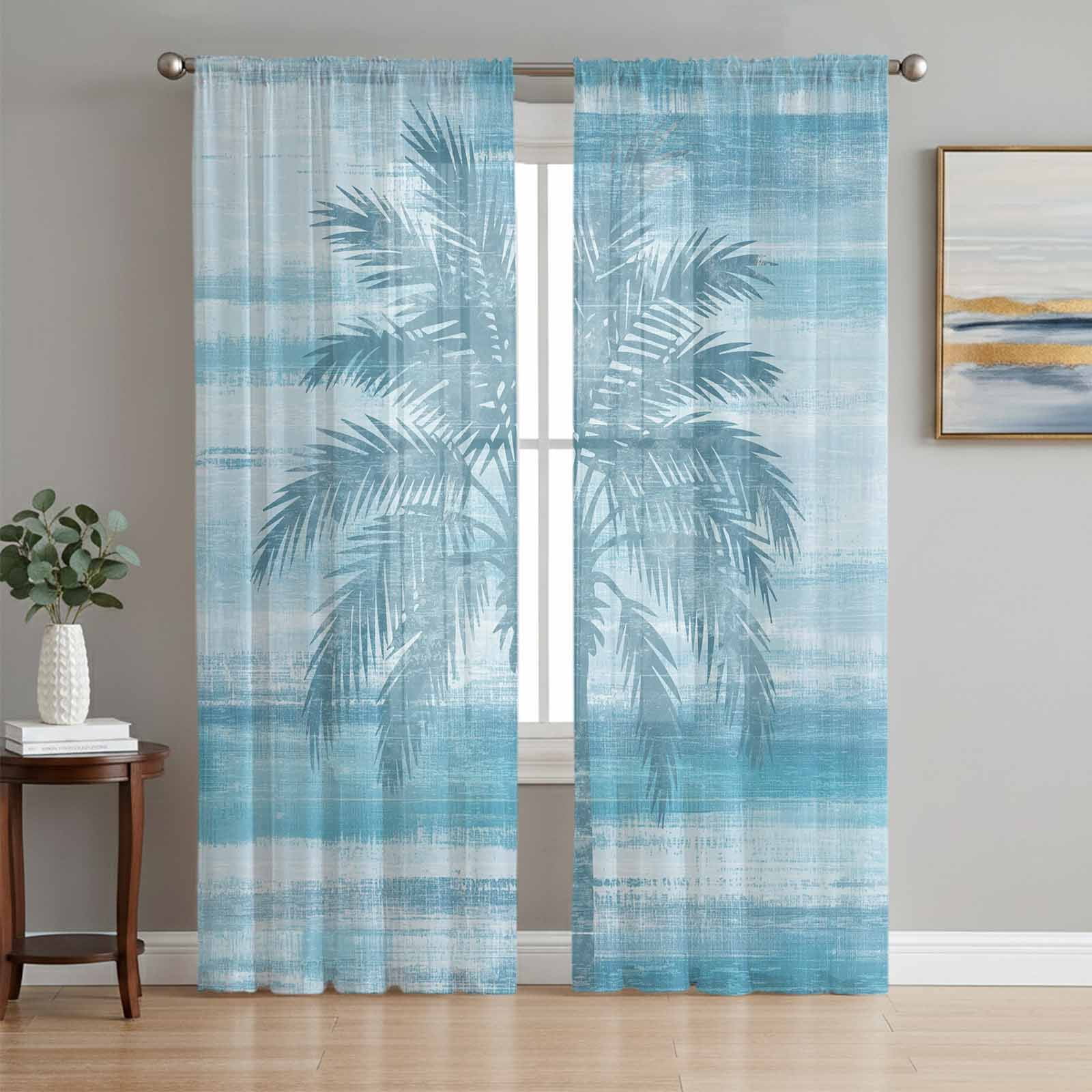 Blue Palm Tree Sheer Curtains for Living Room Bedroom Coastal Tropical ...