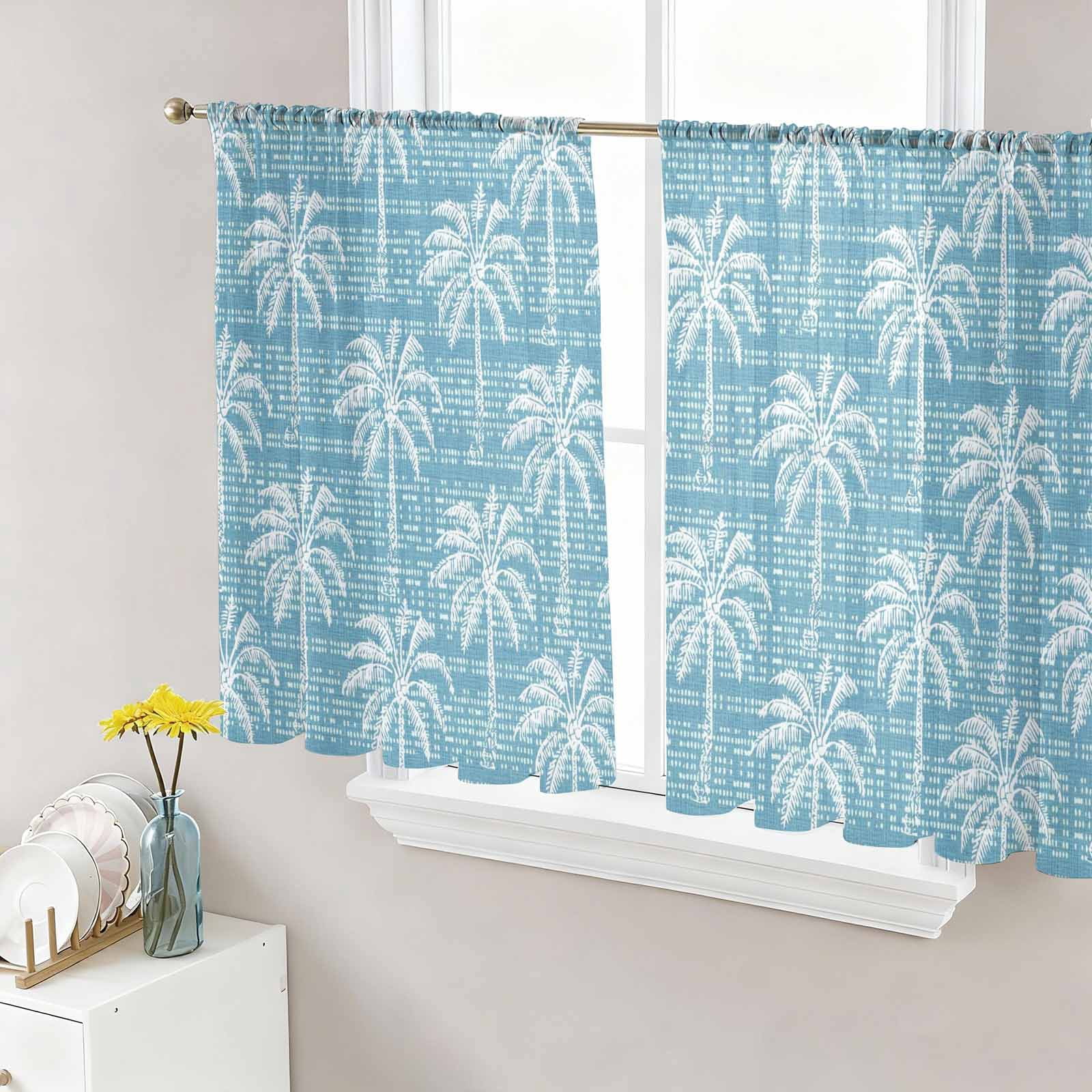 Blue Palm Tree Sheer Curtains for Living Room Bedroom Summer Botanical ...
