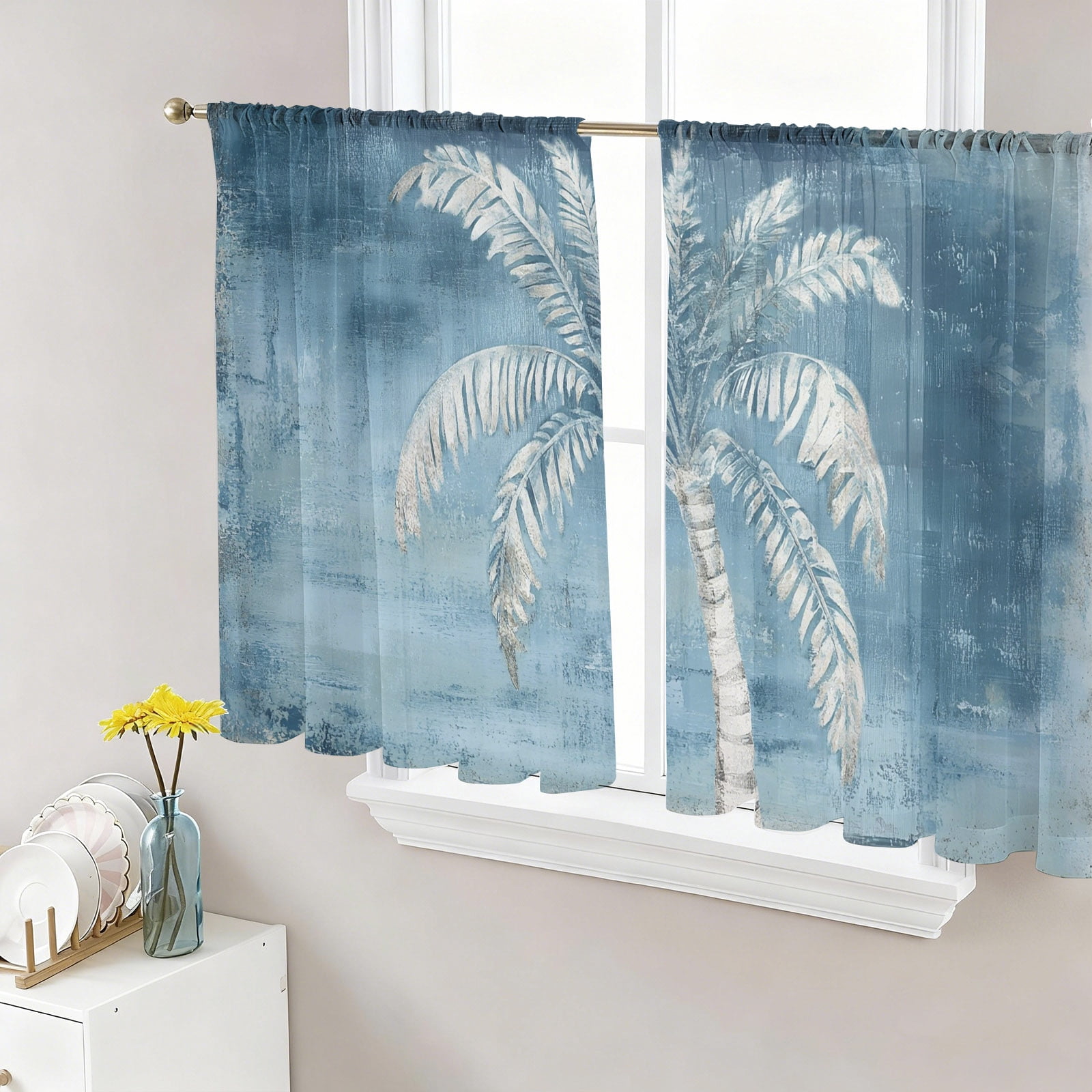 Blue Palm Tree Sheer Curtains for Living Room Bedroom, Summer Tropical ...
