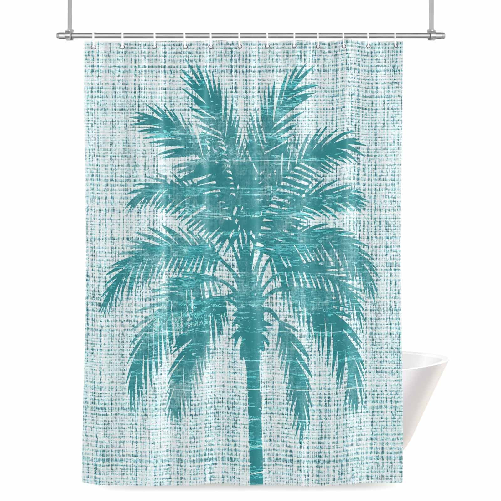 Blue Palm Tree Shower Curtain, Country Linen Texture Tropical Plant ...