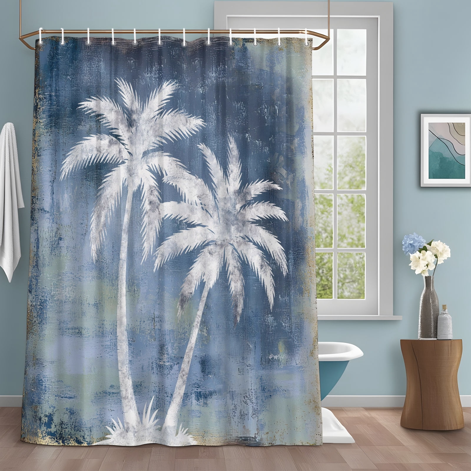 Blue Palm Tree Shower Curtain Set with Hooks, Summer Tropical Beach ...