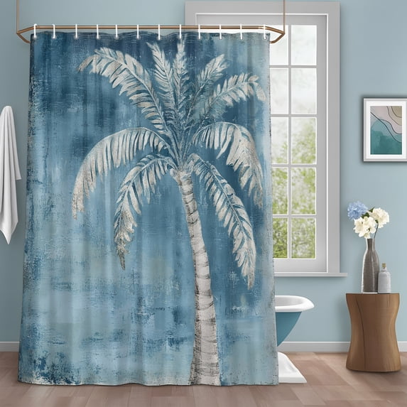 Blue Palm Tree Shower Curtain Set with Hooks, Summer Tropical Plant ...