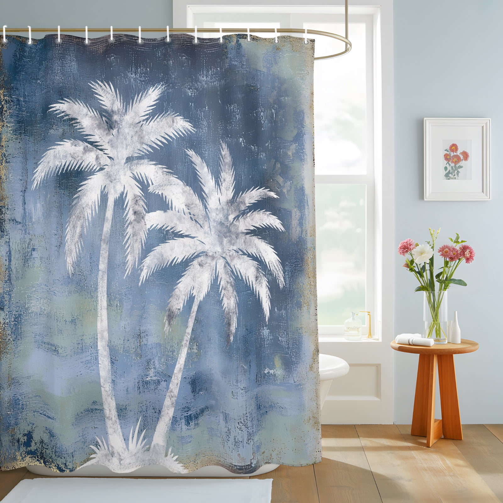 Blue Palm Tree Shower Curtain, Summer Tropical Beach Country Rustic ...