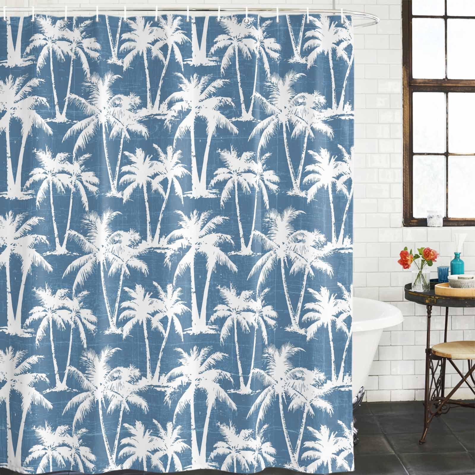 Blue Palm Tree Shower Curtain, Summer Tropical Coastal Nautical Beach ...