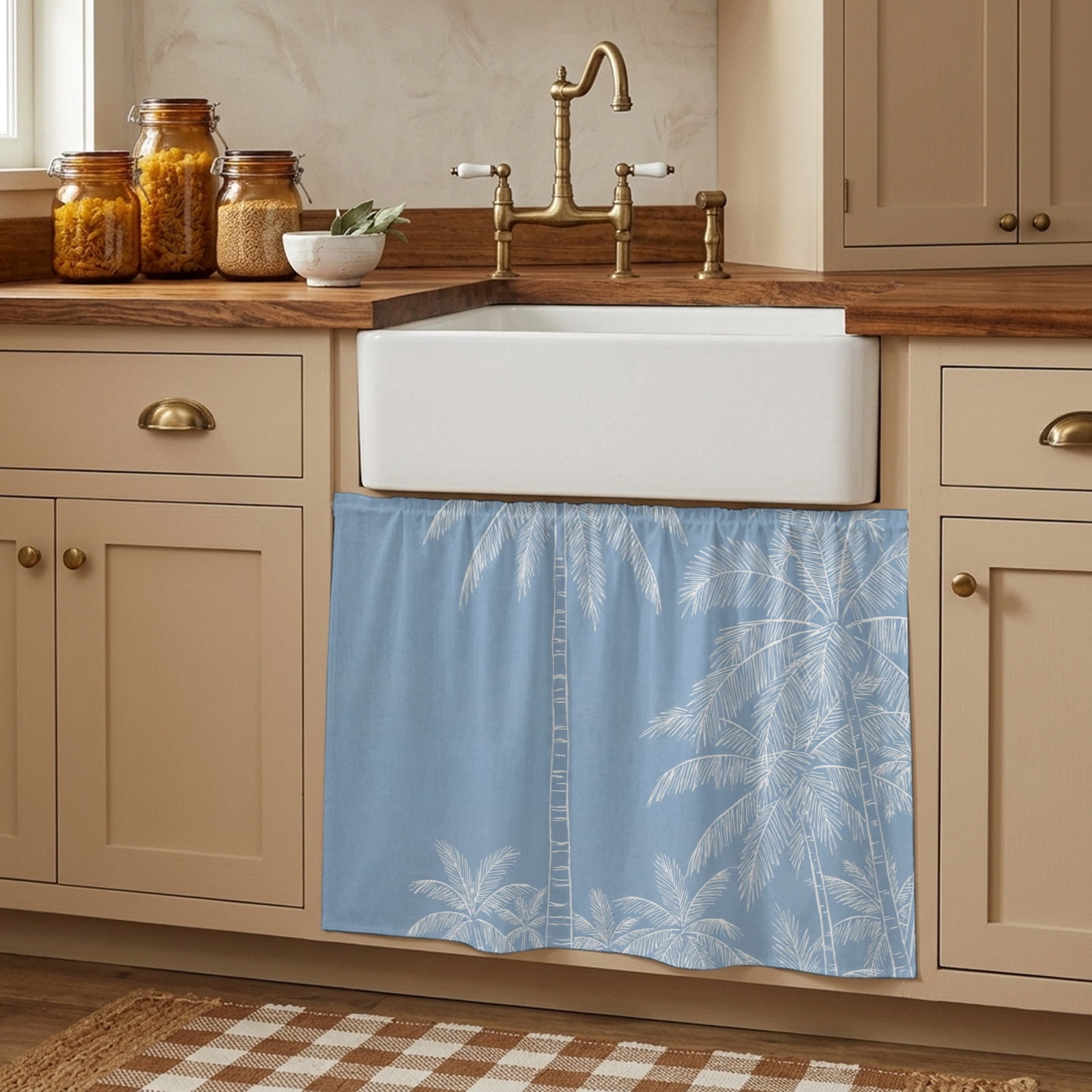 Blue Palm Tree Small Cabinet Curtains 10"W x 11"L, Summer Beach Coastal ...