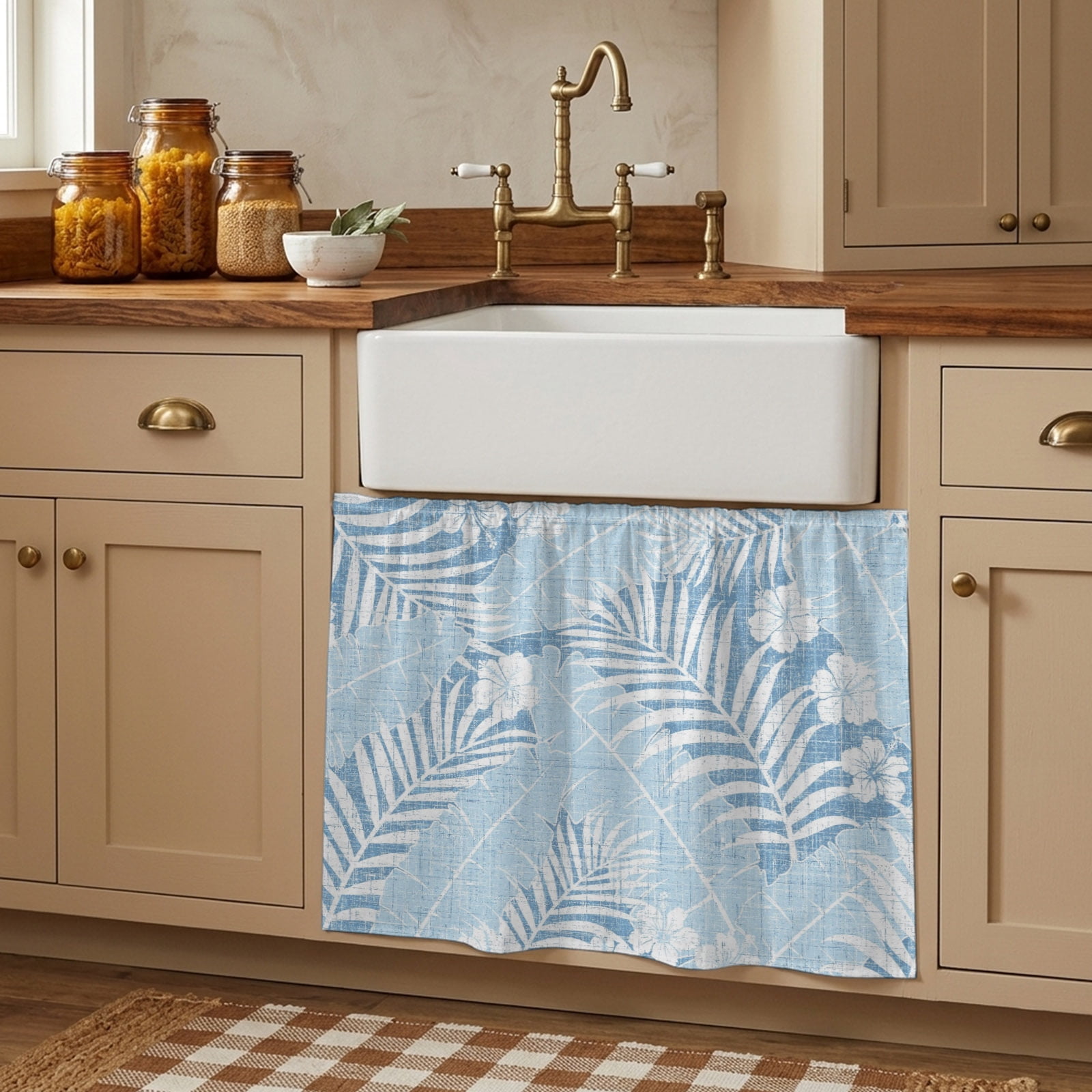 Blue Palm Tree Small Cabinet Curtains 10"W x 11"L, Vintage Summer ...