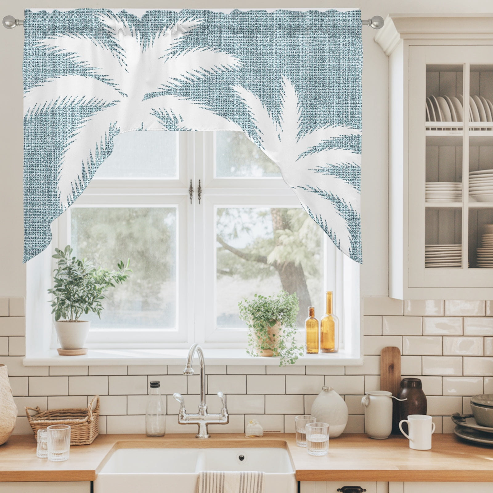 Blue Palm Tree Swag Curtain Valance for Windows, Summer Tropical Beach ...