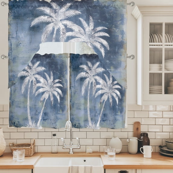 Blue Palm Tree Swag Curtains Valance and Tier Set, Summer Tropical ...