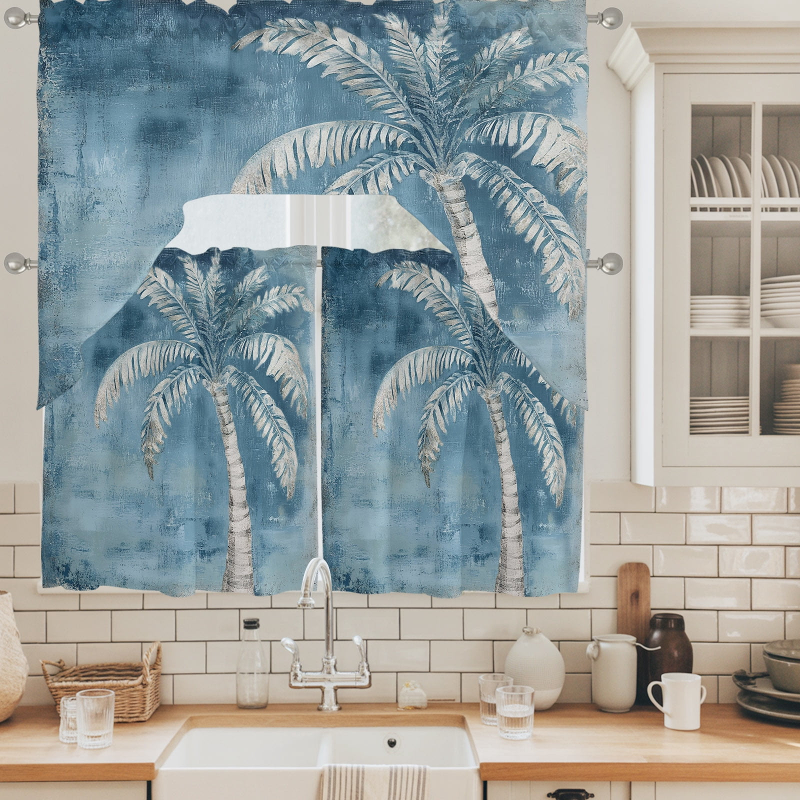 Blue Palm Tree Swag Curtains Valance and Tier Set, Summer Tropical ...